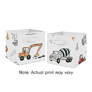 Sweet Jojo Designs Construction Truck Foldable Fabric Storage Cube Bins Boxes Organizer Toys Kids Baby Childrens - Set of 2 - Grey Yellow Orange Red and Blue Transportation