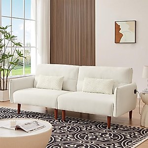 Futon Sofa Bed, 3 in 1 Sleeper Futon Couch Bed with Adjustable Backrest and 3 Pillows, Built-in 2 USB Ports, Futon Sofa Loveseat Sofa Bed Small Sofa for Living Room, Office, Ivory