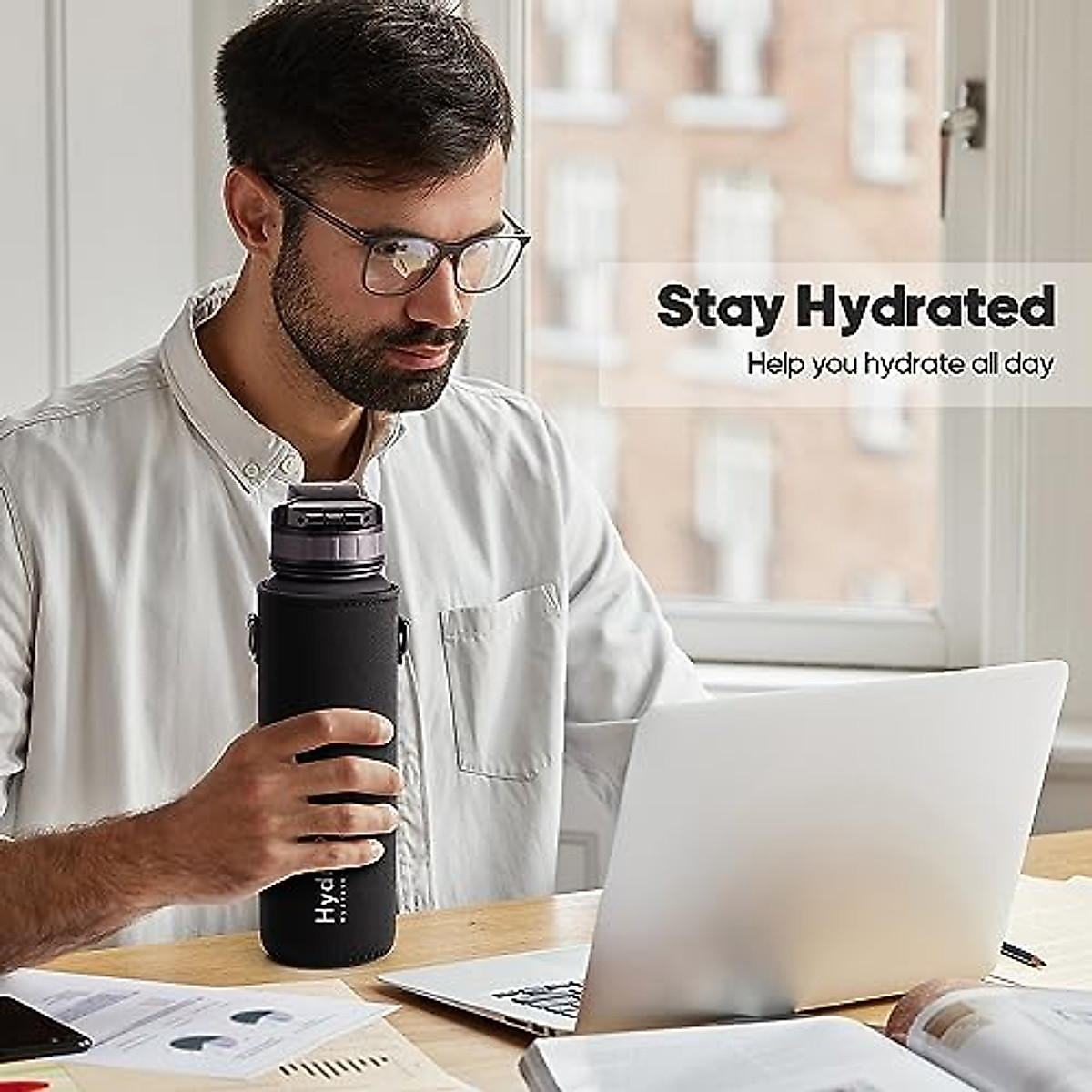 Unistar Water Bottle with Time Marker -Large 34 oz Tritan Bottle & No Sweat Sleeve -Leak Proof Gym Sports Bottle with Fruit Infuser Strainer & Carrying Strap - Gift Package for Christmas