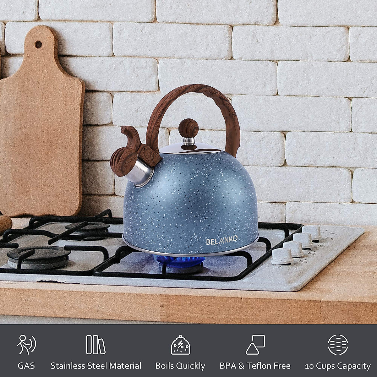 BELANKO 2.3 Quart / 2.5 Liter Stainless Steel Tea Kettles, Food Grade Stovetops Tea pot with Wood Pattern Handle Loud Whistling for Tea, Coffee, Milk etc, Gas Electric Applicable - Blue
