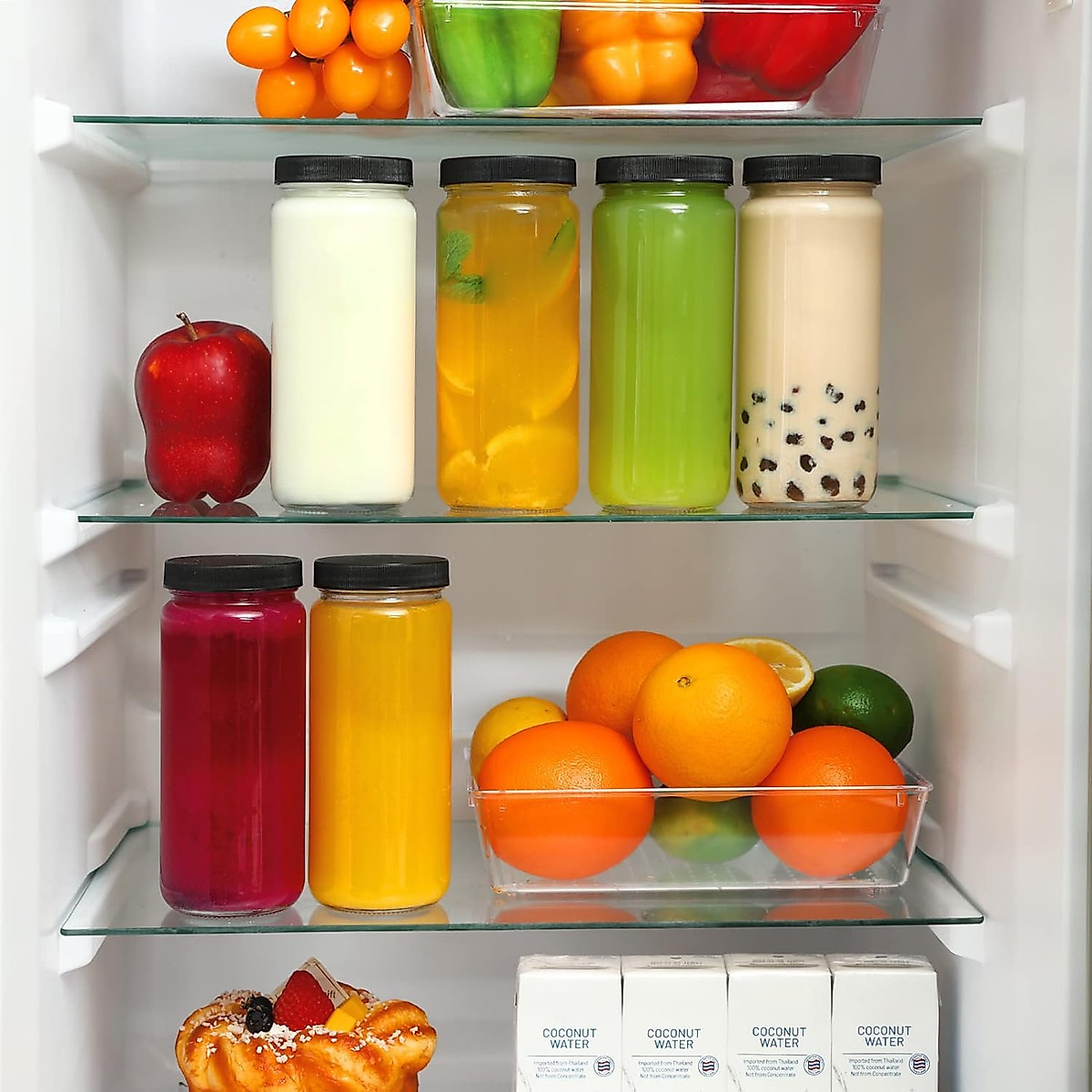 CLQLC Glass Juice Bottles with lids, 6 Pack with 2 Straws & 6 Lids with Hole- 16 oz Travel Drinking Jars,Juicing bottles Reusable Glass Mason Jar for Juice,Bubble Tea, Smoothie, Tea, Kombucha