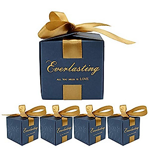 Yoption 50pcs Wedding Party Favor Boxes, Navy Blue Wedding Birthday Candy Boxes, Chocolate Treat Gift Boxes with Ribbon for Wedding Bridal Baby Shower Birthday Party Decoration, 2.5X2.5 X2.5 inches