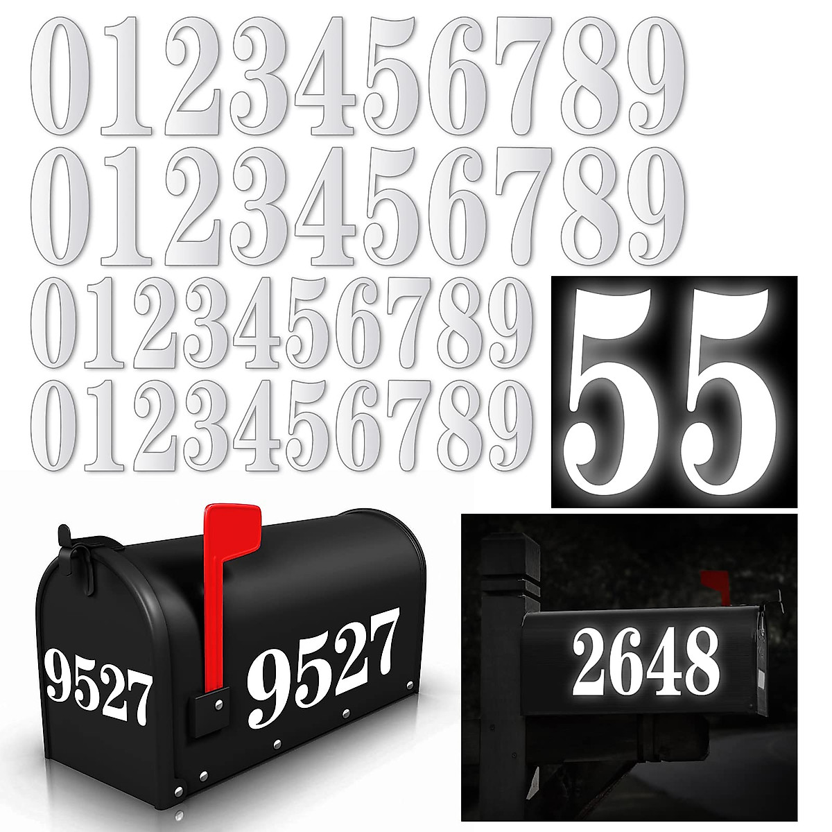 60 PCS White Mailbox Numbers, Vinyl Waterproof Stickers for Outside, Address on House, Big Mail BOX Number, 6 (3" x 4 sets, 4" x 2 set,0-9)