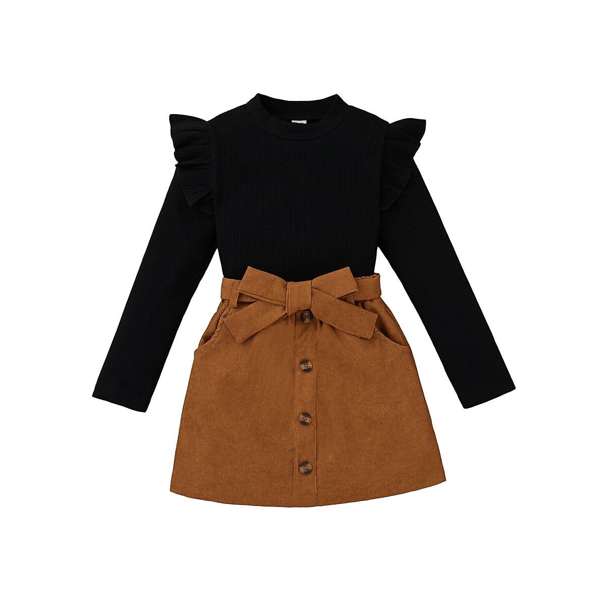Floerns Girls 2 Piece Outfit Ruffle Trim Long Sleeve T Shirt and Short Skirt Set Brown Black 7 Years