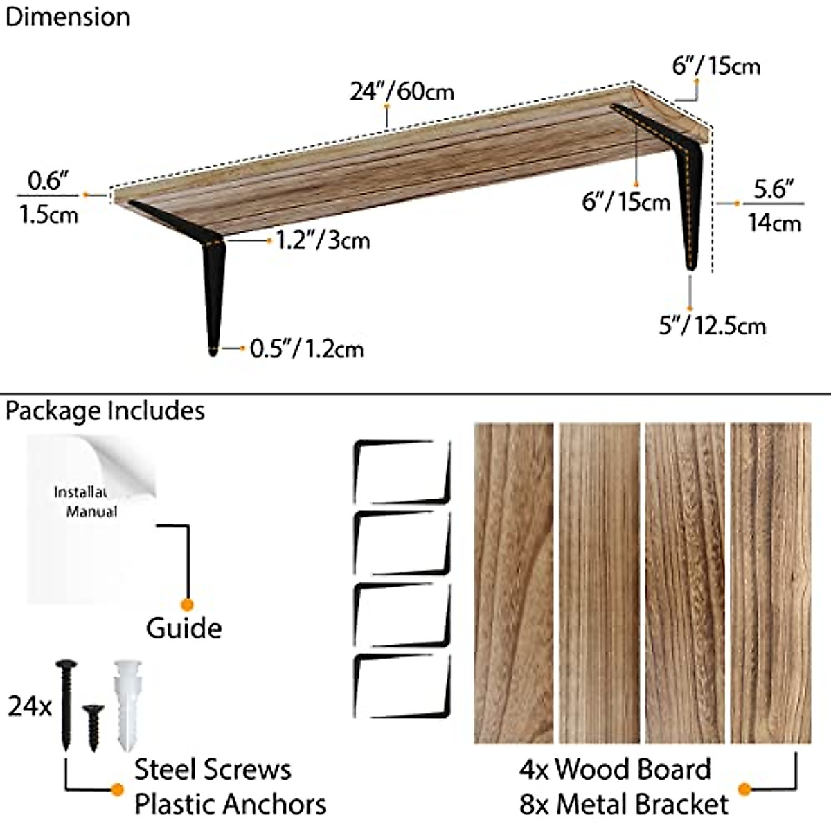 Wallniture Arras Floating Shelves Wall Mounted, Wall Shelves for Bedroom Decor, Floating Book Shelves for Wall, 24" Wall Shelf for Living Room & Bathroom, Floating Shelf for Kitchen, Set of 4 Burnt