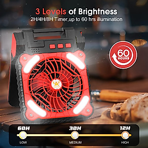 Solar Camping Fan, 15000mAh Outdoor Portable Rechargeable Tent Fan Camping Essentials Personal Cooling Fan Battery Operated with Lights,4 Speed,3 Timers, for Picnic, Hurricane, Fishing, Worksite