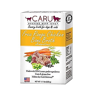 Caru Free Range Chicken Bone Broth For Dogs And Cats, Moistens Dry Food Or Pour Over Freeze Dried Raw Food, Grain And Gluten Free, Non-Gmo Ingredients (1.1 Lbs)