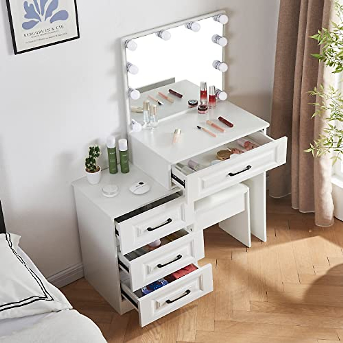 Buildonely Vanity Set with Dimmable LED Light Bulbs and 4 Large Capacity Drawers, Vanity Desk with Mirror and Lights for Makeup, Hair, and Skin Care, Vanity Table for Dressing Room and Bedroom