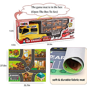 Construction Truck Toys Kids with Game Mat, Carrier Truck Alloy Engineering Vehicle Truck Toy Set, Excavator, Dump Tractor Helicopter Die cast Christmas Birthday Gifts for Kid Toddler Child Age 3 4 5