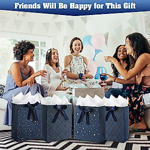 KomoLeay 4 Pack 9" Medium Size Gift Bags Assorted Premium Blue Gift Bags with Tissue Paper Use for Birthdays, Baby Shower,weddings,Party Favor, Holiday Presents-7" X 4" X 9"