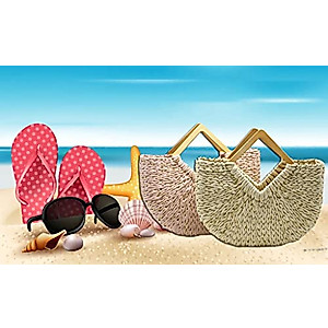 Womens Top Handle Straw Beach Tote Bags Shoulder Bag Beach Bag Large Size Purses Big Woven Rhombus Handle Bag