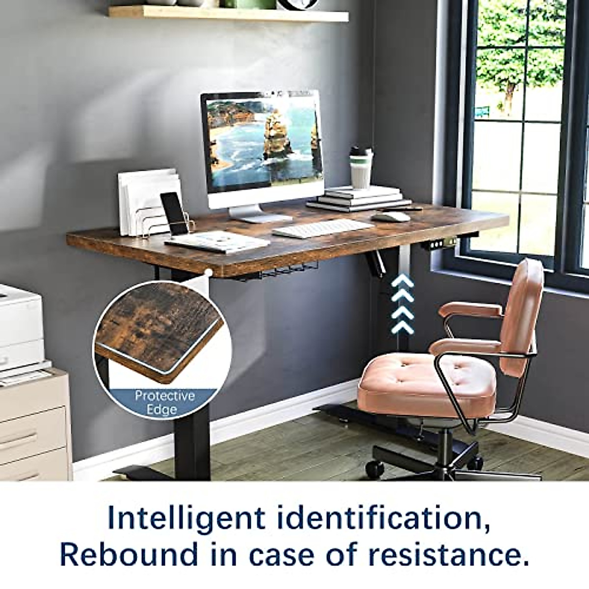 WULEITEX Dual Motor Standing Desk, 48 x 24 Inches Adjustable Height Desk, Stand up Desk, Sit Stand Home Office Desk with Splice Board/Black Frame/Rust Brown