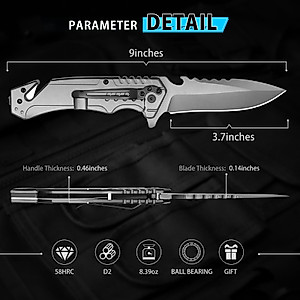 NedFoss T39 Pocket Knife for Men, 3.7" D2 Steel Blade, Frame Lock, 6 in 1 Folding Tactical Knife with Bottle Opener, Glass Breaker, Seatbelt Cutter and Wrench, Belt Clip for Work, Rescue