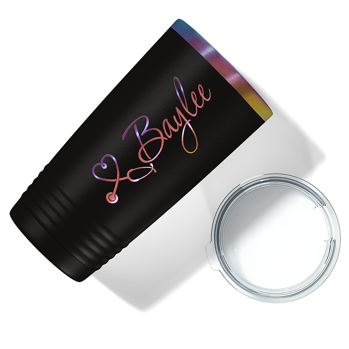 Personalized Heart Stethoscope Tumbler Gift for Nurse, RN, LPN, CNA, CMA, MA on Black with Ion Prism Design 20 oz Stainless Steel Tumbler with Lid - Insulated Cup - Custom Travel Mug