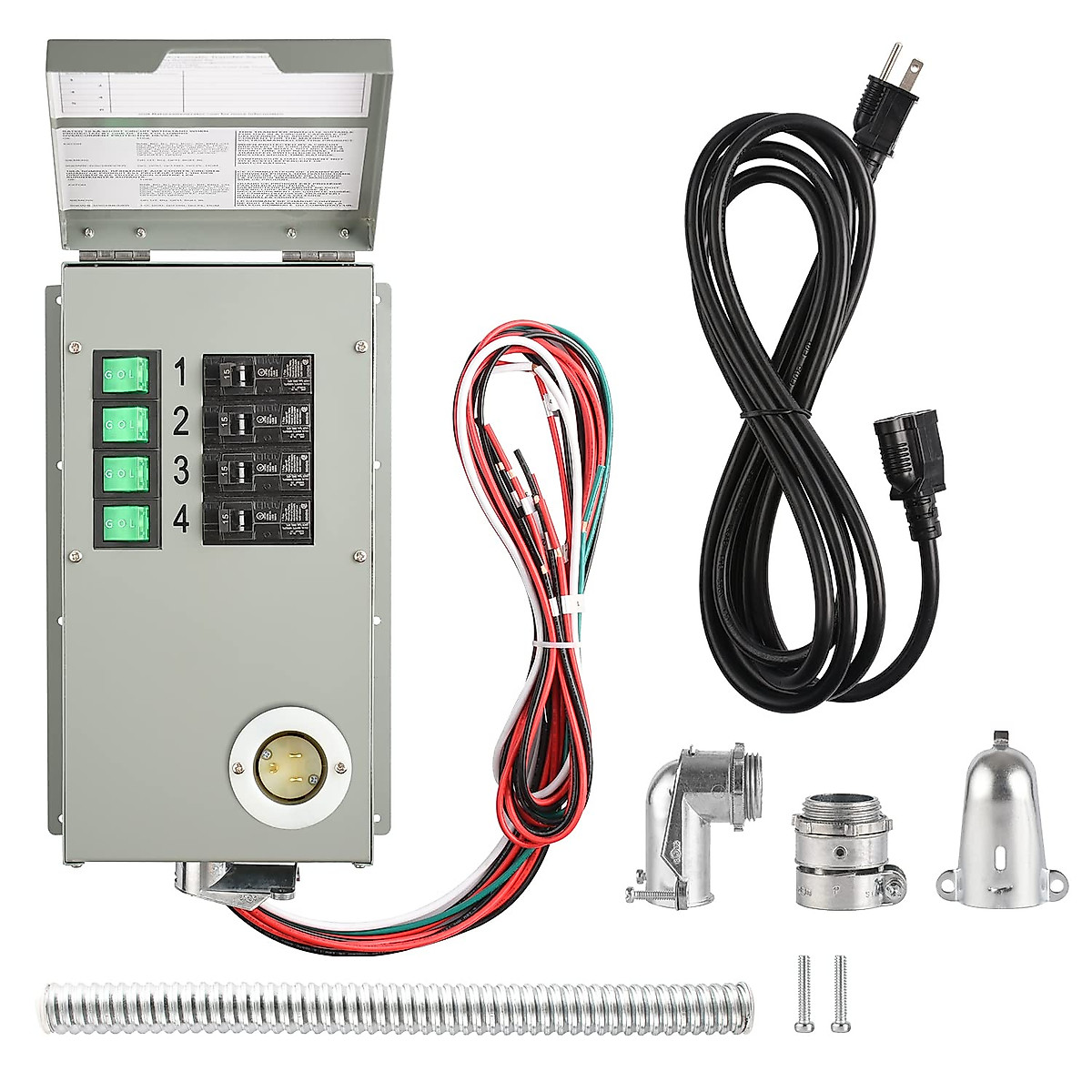 Nature’s Generator Power Transfer Switch Kit 4 Circuits, 15Amps, Indoor Manual Switch, 10 Foot 3 x 14 AWG Power Cord for Generator to Connect Inhouse Breaker Panel
