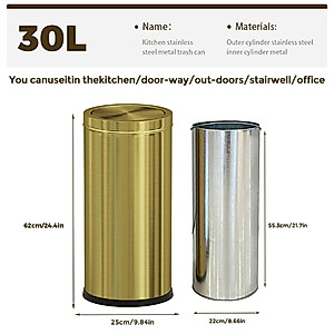 LEASYLIFE 30L/8GAL Gold Brass Kitchen Trash Can,Tall Commercial Garbage can，Large Capacity FILP lid Trash can for Kitchen,Shopping mall,Elevator gate,Airport, Hotel,Commercial (Gold)