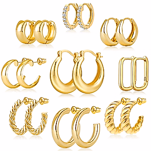 Adoyi Gold Hoop Earrings, 14K Gold Plated Lightweight Jewelry, Small Chunky Huggie Hoop Earrings Set for Women, 9 Pairs