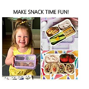 kinsho Kids Snack Container - Mini Bento Lunch-Box, Small Leakproof Container Boxes for Toddlers Girls Snacks Lunches, 3 Compartment - School Daycare Portion Containers, Pink Purple Glitter Set of 2