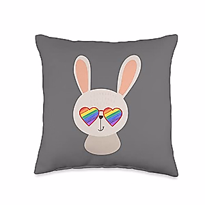 Gay Pride Cute Bunny Lover Gifts Cute Bunny Lover LGBTQ Stuff Teen Rainbow Sunglasses Rabbit Throw Pillow, 16x16, Multicolor