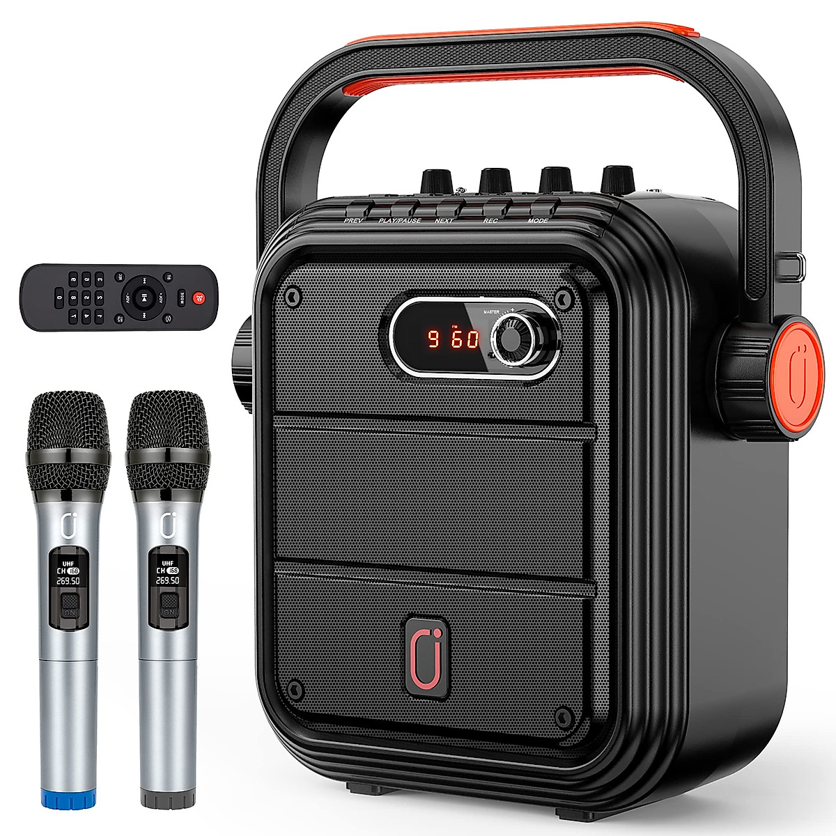 JYX Karaoke Machine with 2 UHF Wireless Microphones,5200mAh Portable Microphone Speaker Set Bluetooth 5.0 Rechargeable PA System with TWS,FM, REC,Stage Subwoofer Supports BT/USB/TF Card/Aux for Party