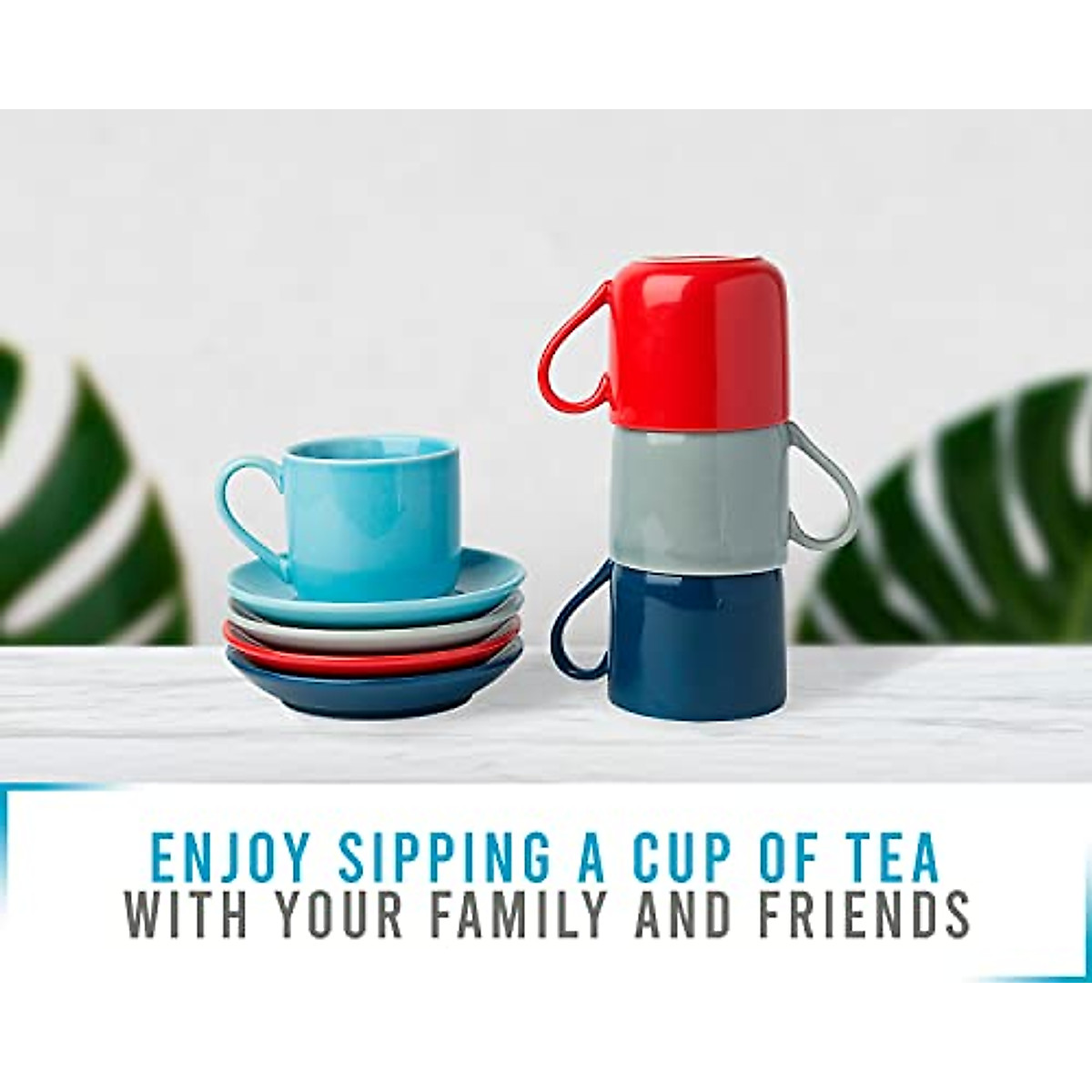 4oz. Espresso Cups Set of 4 With Matching Saucers - Premium Porcelain, 8 Piece Gift Box Demitasse Set - Red, Blue & Grey – Italian Caffè Mugs, Turkish Coffee Cup – Lungo Shots, Dopio Double Shot