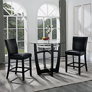 PADMA HOUSE Glass Counter Height Bar Table Stools Set of 4, 42" Round Glasstop Counter Height Table Chairs Set 26" H Barstools Chairs with Upholstered Back for Bar Kitchen Restaurant, Black