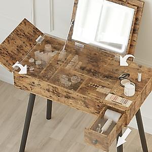 IRONCK Vanity Desk Set with LED Lighted Mirror & Power Outlet, Flip Top Makeup Vanity Table with Drawers & Cabinet,for Bedroom, Bathroom, Vintage Brown