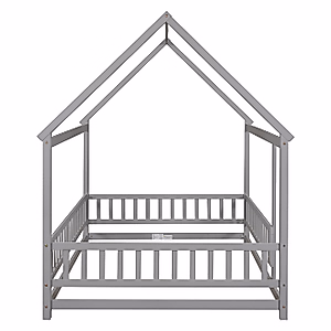 HZHOME Size House Floor Bed Wooden Montessori Bed with Fence and Roof for Kids Playhouse Style Bed Frame for Girls Boys Teens, Grey