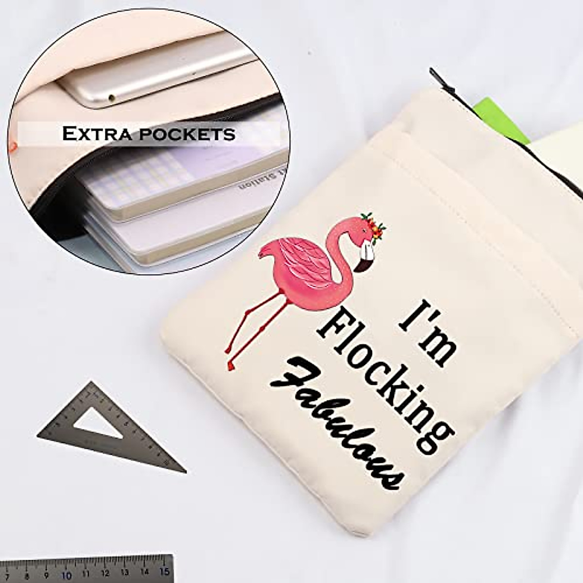 LEVLO Pink Flamingo Lovers Gifts I'm Flocking Fabulous Book Cover Book Sleeve Zipper Pocket with Flamingo Pattern BFF Gift (I'm Flocking Fabulous)