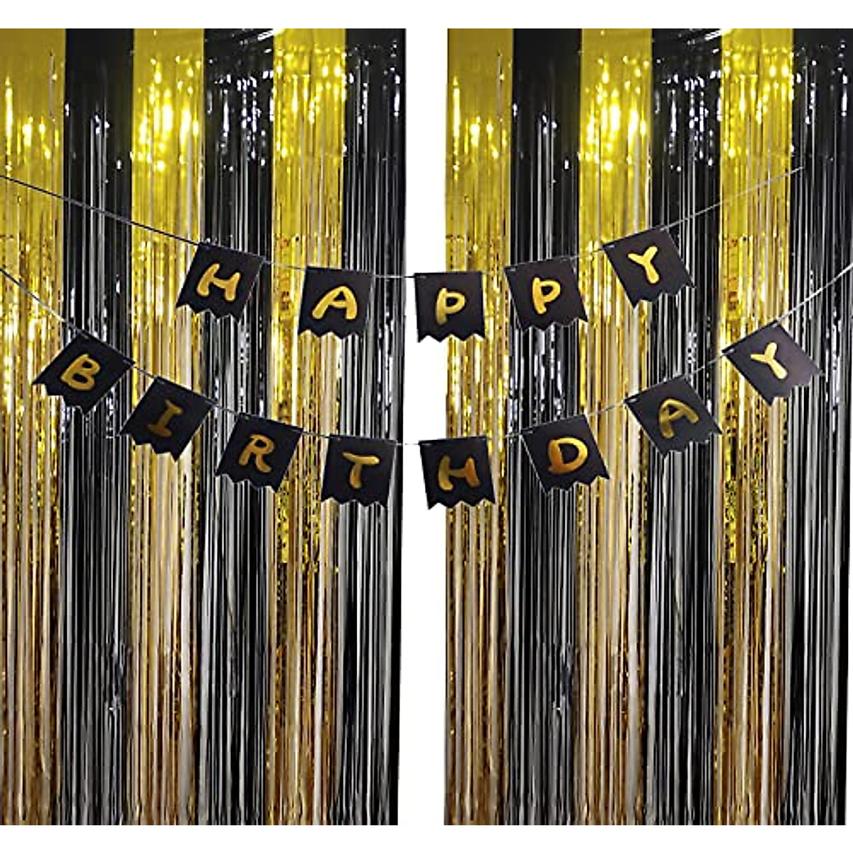 2 Pack 3.3ft x 9.8ft Metallic Fringe Curtains Door Foil Curtains Metallic Curtains Halloween Christmas Party Decoration Tinsel Curtains for Photo Backdrop Party Decorations (Black Gold-2)