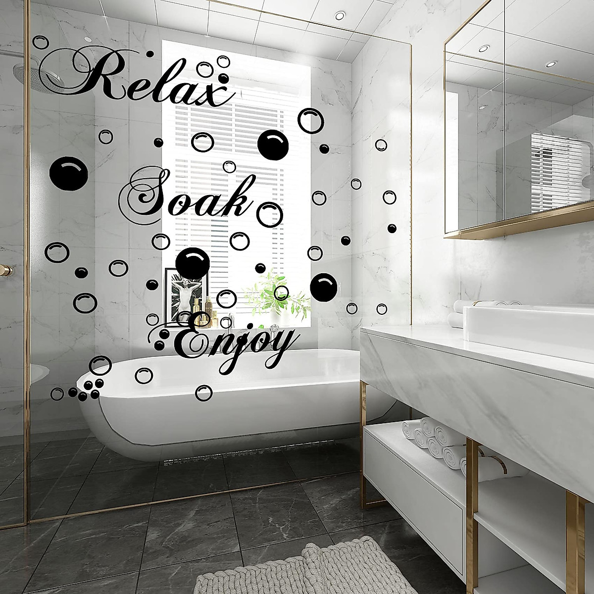 Bathroom Wall Stickers, Black Soak Relax Enjoy Quotes Stickers with Bubble Decals, Beautiful Wall Art Words Peel and Stick Stickers for Home Bathroom Decor