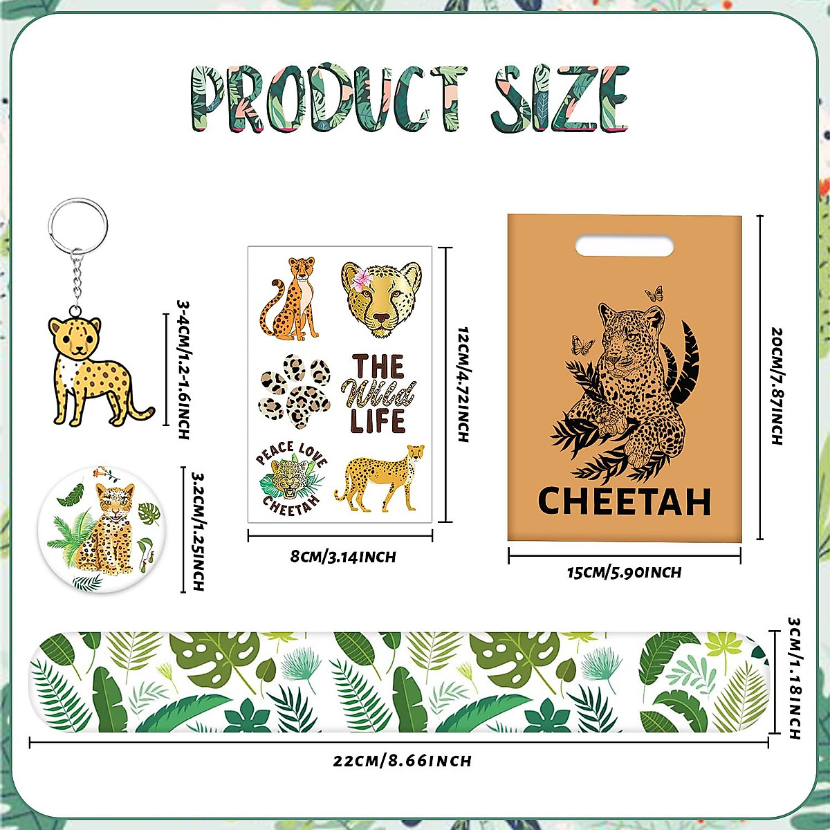 Lcnjscgo Cheetah Party Favors Cheetah Theme Slap Bracelets Key Chains Badge Temporary Tattoos Gift Bags for Kids Jungle Leopard Cheetah Birthday Party Baby Shower Safari Party Supplies