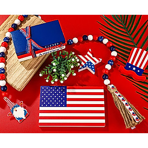 5Pcs 4th of July Tiered Tray Decor Patriotic Wood Signs American Flag Stars and Stripe Wood Blocks Red White Blue Wooden Bead Garland for 4th of July Memorial Day Home Table Decor