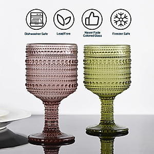 Wongblee Vintage Stemmed Wine Glasses 10 OZ, Hobnail Glass Goblets, Colored Drinking Glasses for Dining Table, Party, Bar