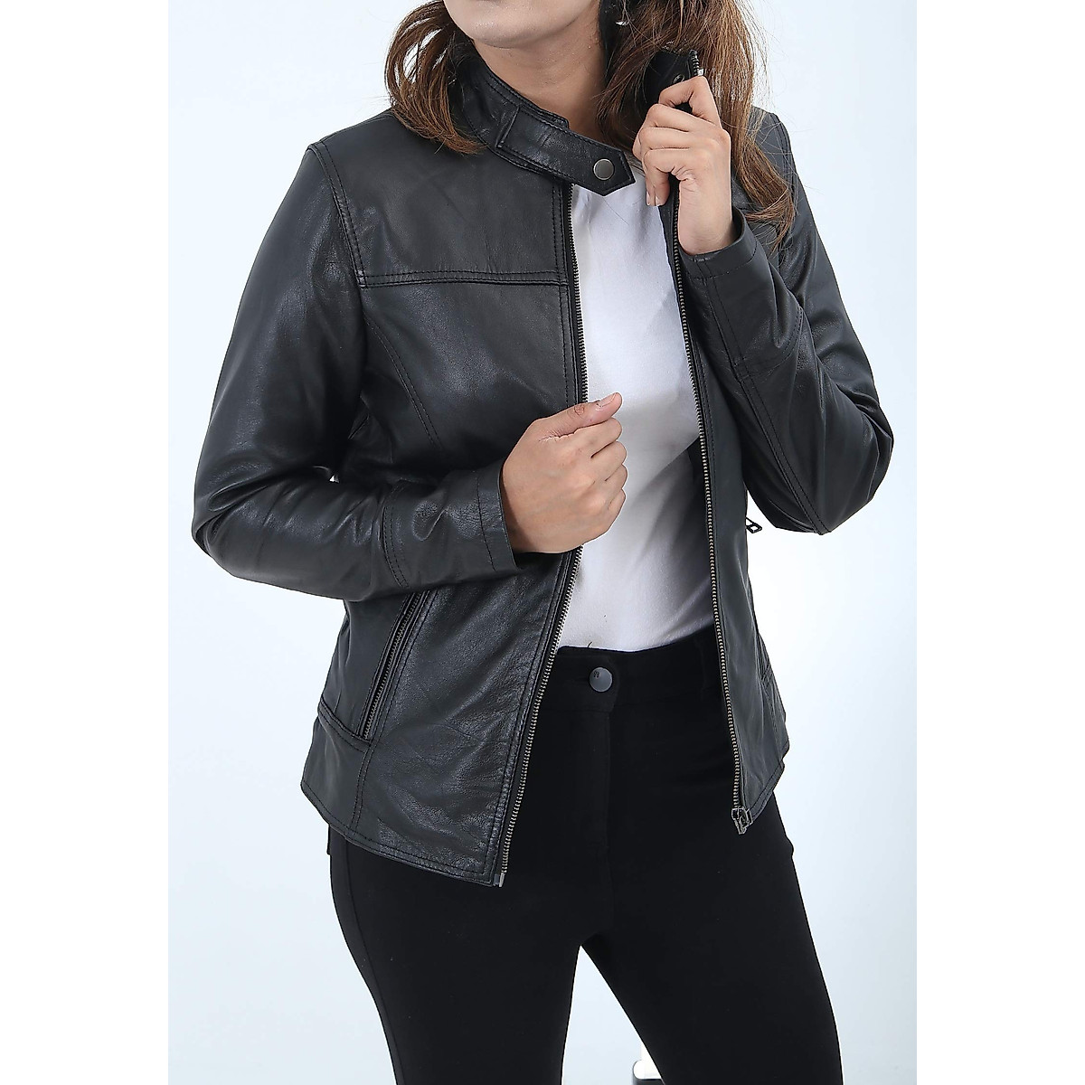 Price Right Women Genuine Lambskin Leather Slim Fit Cafe Racer Black Jacket Biker Coat (Black, Large)