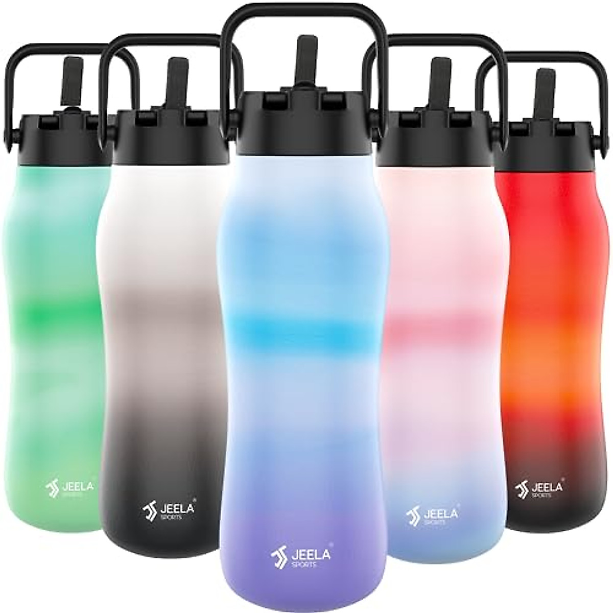 JEELA SPORTS Insulated Water Bottle with Straw - 24oz, Leakproof Stainless Steel Water Bottles, Metal Water Bottle Keeps Water Cold for 24 hours