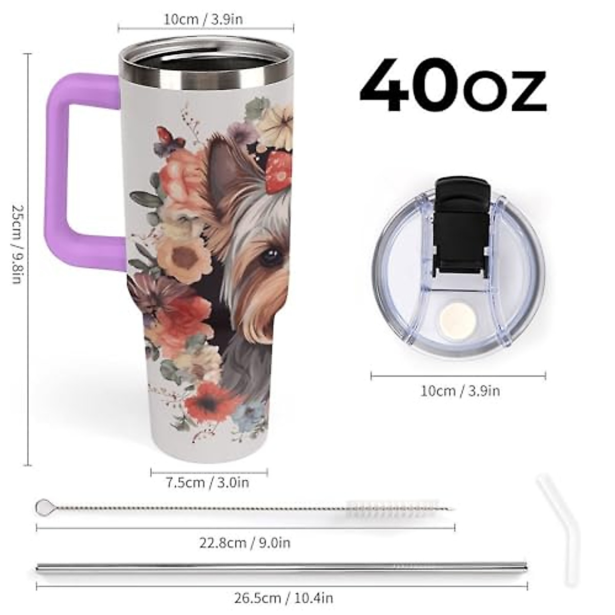 WYUSPGK 40oz Stainless Steel Car Mug, Yorkie Floral Print Travel Mug, Double-Wall Insulated with Straw, Perfect for Car, Office, Outdoor