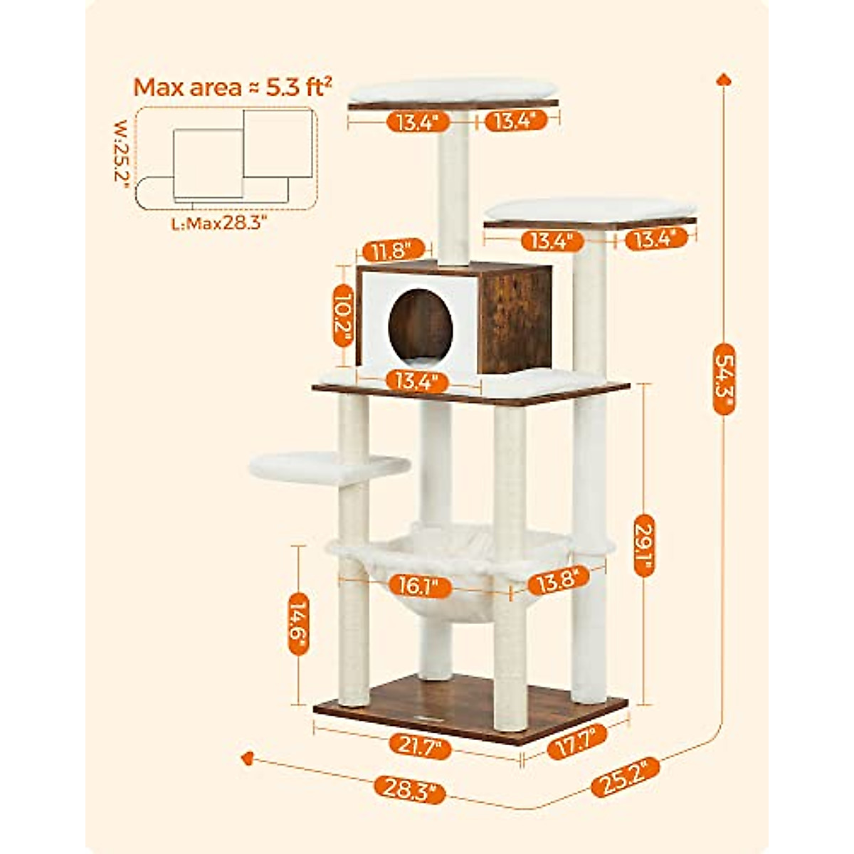Feandrea WoodyWonders Cat Tree, Modern Cat Tower for Indoor Cats, 54.3-Inch Multi-Level Cat Condo, Ultra-Soft Plush, Scratching Posts, Hammock, Removable, Washable Cushions, Rustic Brown UPCT164X01