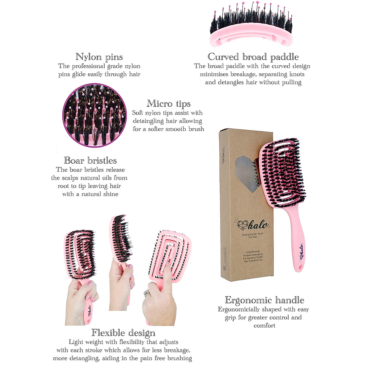 Detangling Hair Brush For Kids. Tear Free Brushing For Sensitive Kids. Best Pain Free Brush Voted By Kids. Soft Boar And Nylon Bristles.