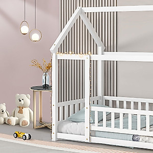LLS Twin Montessori Floor Bed, Wooden Floor Bed Frame with Slats and Fence, House Bed for Boys Girls Bedroom, White