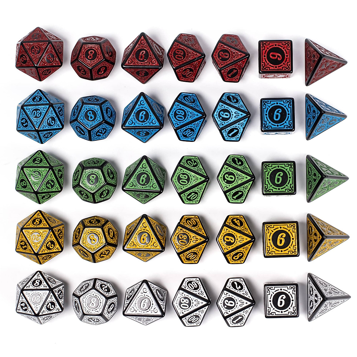 Poludie 5 Polyhedral Dice Set (35pcs) with Leather Dice Bag, D&D Dice for Dungeons and Dragons, RPG, MTG Table Games (Window Lattice Carved Series)