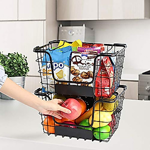 Stackable Wire Baskets for Pantry Storage and Organization Produce Basket with Handles Freezer Metal Baskets for Kitchen Cabinets, Pantry, Closets, Bathrooms-Black-2Pack