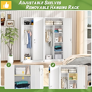 SPERTIKC Wardrobe Closet,72" Armoire Wardrobe Cabinet-Functional Clothes Storage with Hanging Rail, White Storage Cabinet, Metal Cabinet for Bedroom, Kitchen and Pantry