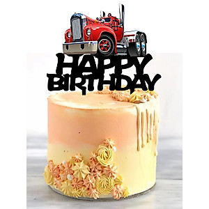 Heavy Truck Cake Topper Black Acrylic Transportation Theme Birthday Supplies, Heavy Truck Happy Birthday Cake Topper for Kid's Boy's Men' Birthday Party Decorations（Red）