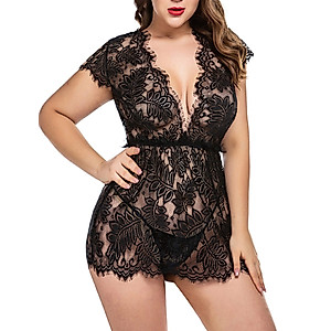 Avidlove Women Lace Lingerie Floral Babydoll Eyelash Chemise Deep V Neck Sheer Sleepwear Black XXL