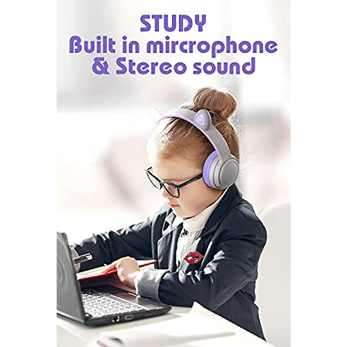 Picun B29 Kids Headphone with Microphone Wireless Bluetooth 5.0,40Hours Playing Wireless Over Ear Headphone for Kids Girls Boys,Stereo Sound, for Online Learning/School/Travel/Tablet (Grayish Purple)