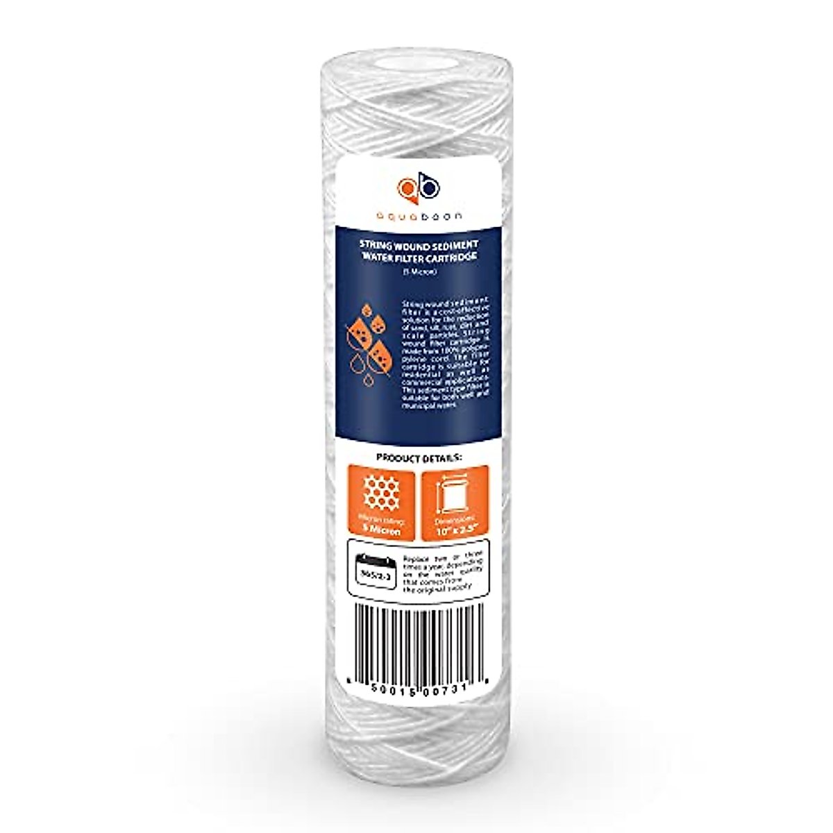 Aquaboon 5 Micron 10" x 2.5" String Wound Sediment Water Filter Cartridge | Universal Replacement for Any 10 inch RO Unit | Compatible with WP-5, AP110, CFS110, P5, WFPFC4002, WP-5, CW-MF, 50-Pack