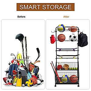 WANLECY 6 Layers Sports Rack for Garage, Rolling Ball Storage Holder on Wheels with Baskets and Hooks for Garage Ball Organize, Black