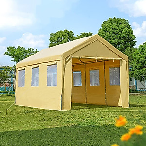 ADVANCE OUTDOOR 10x20 ft Heavy Duty Adjustable Carport with 6 Roll-up Ventilated Windows & Removable Sidewalls Car Canopy Garage Boat Shelter Party Tent, Peak Height from 9.5ft to 11ft, Beige Yellow