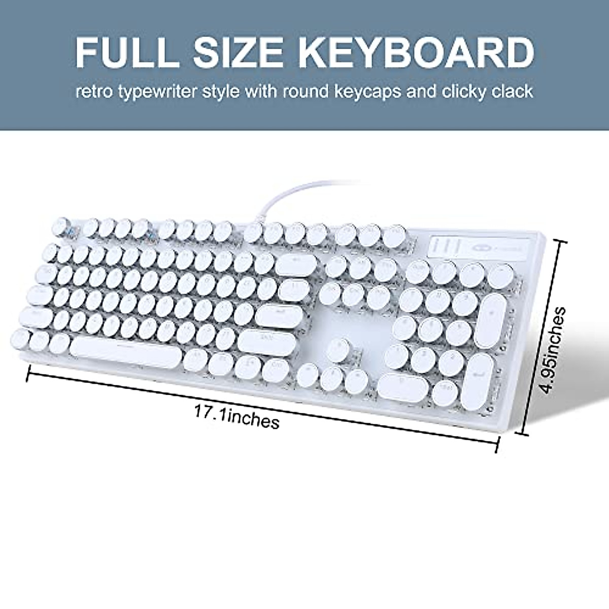 Camiysn Typewriter Style Mechanical Gaming Keyboard, White Retro Punk Gaming Keyboard with Blue Backlit, 104 Keys Blue Switch Wired Cute Keyboard, Round Keycaps for Windows/Mac/PC